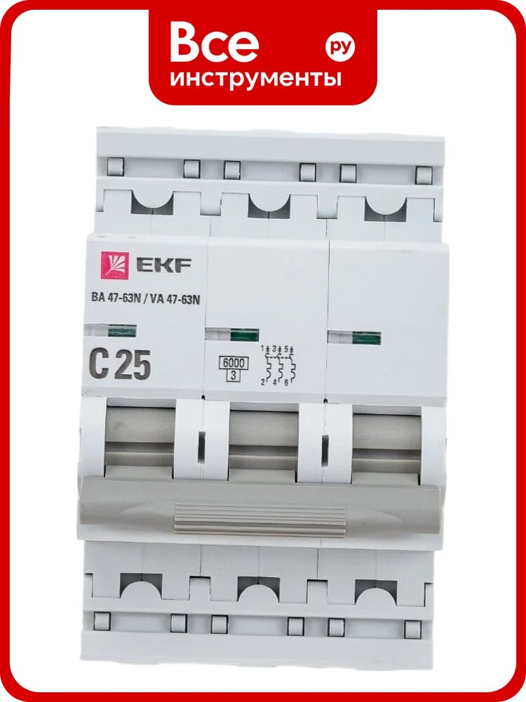 Автоматический выключатель EKF 3P 25А (C) 6кА ВА 47-63N PROxima M636325C модульный тип, белый корпус