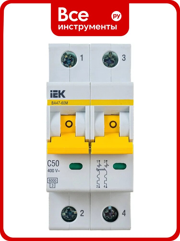 Автоматический выключатель IEK ВА47-60M 2Р 50А 6кА С MVA31-2-050-C
