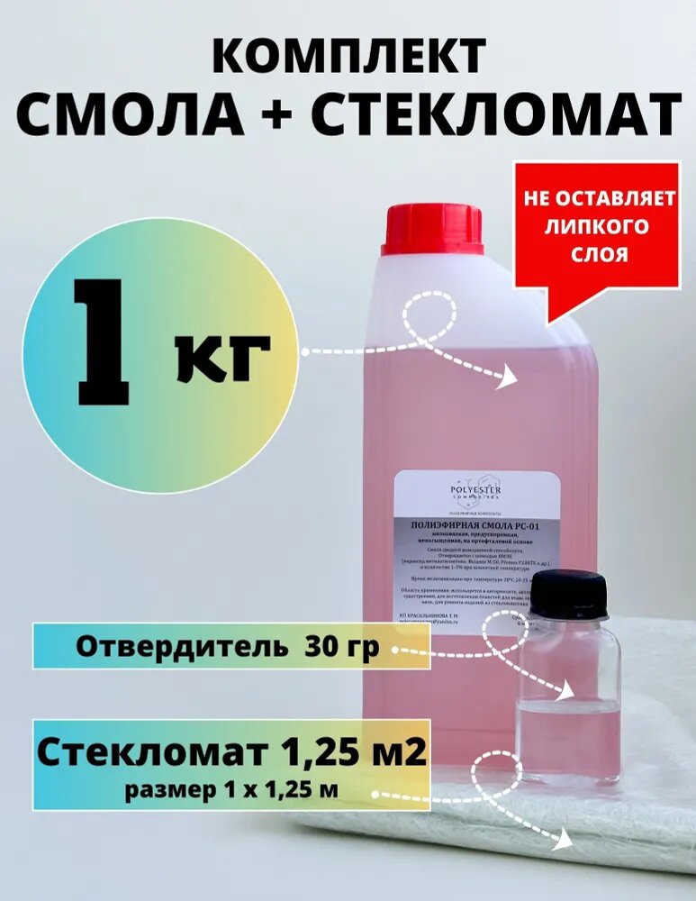 Смола полиэфирная 1 кг + Стекломат 1,25 м2. Ремкомплект