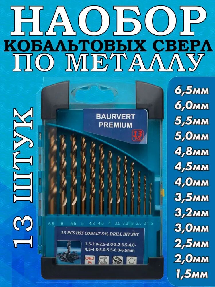 Набор кобальтовых сверл по металлу (1,5-6,5 мм.) 13 штук