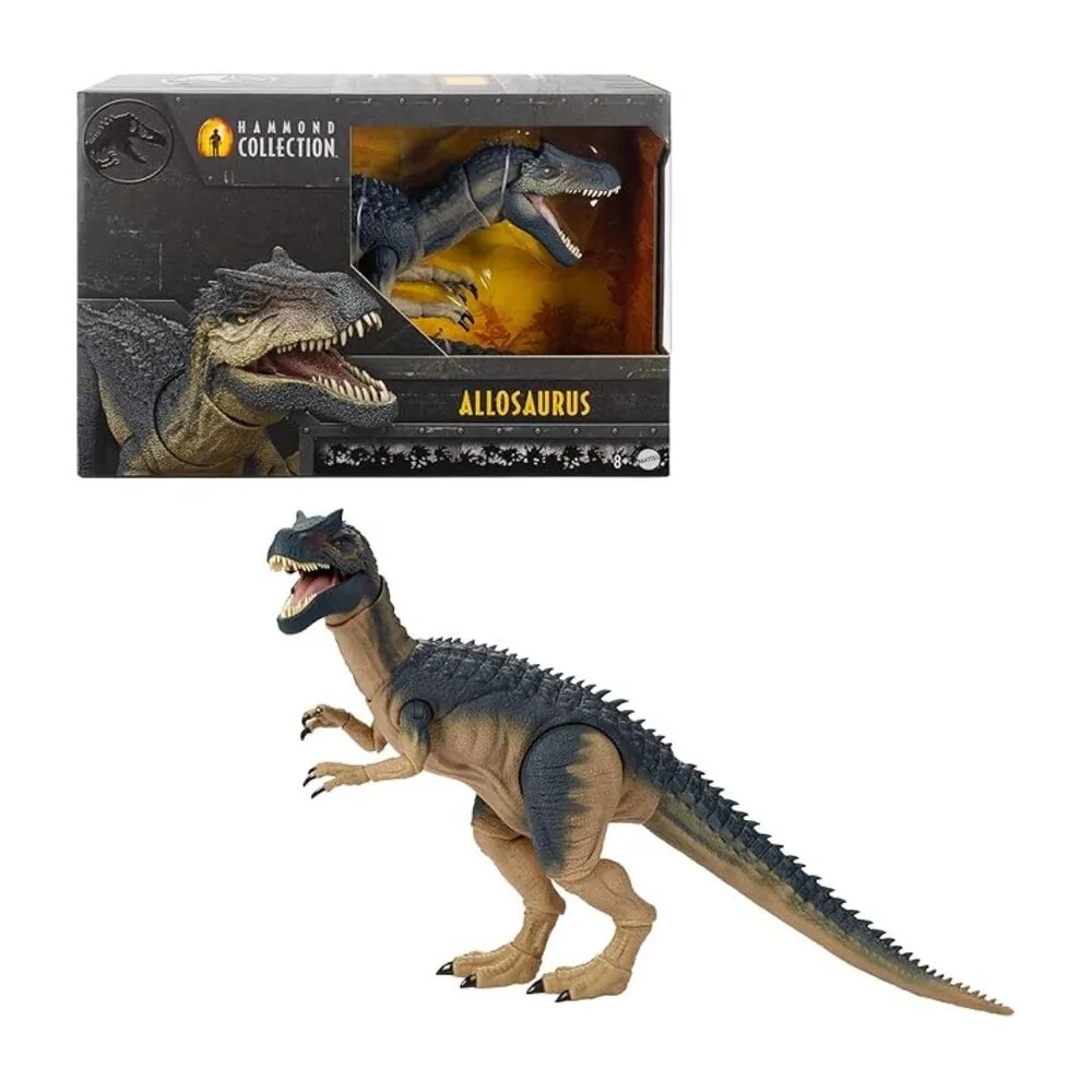 Фигурка динозавра Аллозавра из коллекции Mattel Jurassic World Hammond Collection, премиальный дизайн, стеклянные глаза и проволочный хвост, 19 точек сочленения