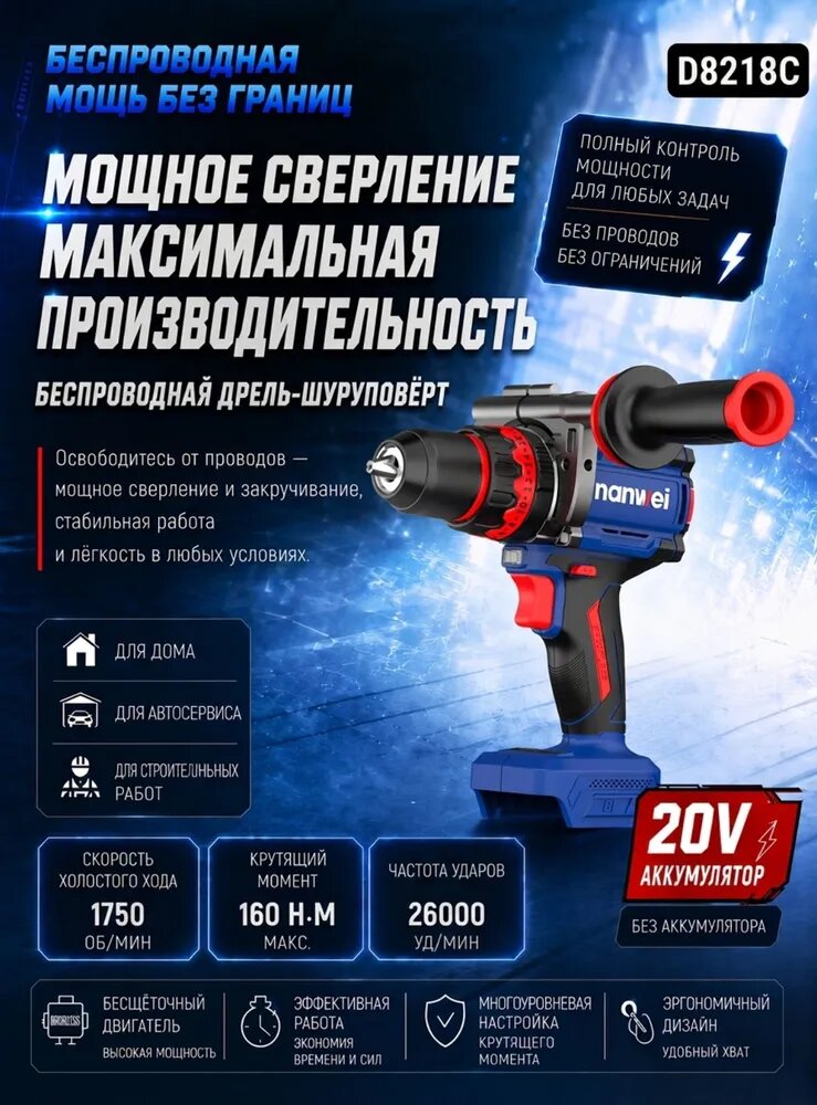 NANWEI Дрель-шуруповерт, 20 В, 160 Нм, 0 АКБ
