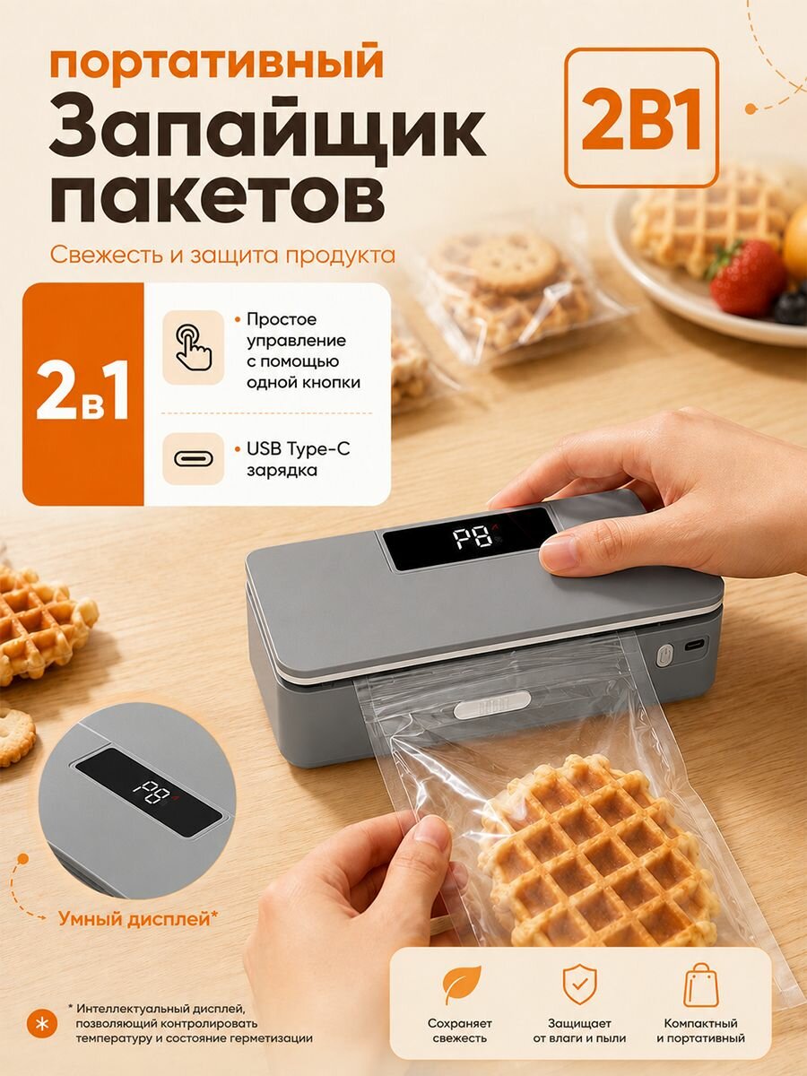 Запайщик пакетов портативный ручной с резаком для герметизации продуктов дома, в дороге и на даче, 110 мм