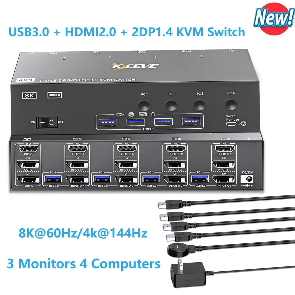 Переключатель KVM 3 Монитор 4 Порт отображения HDMI + для компьютера