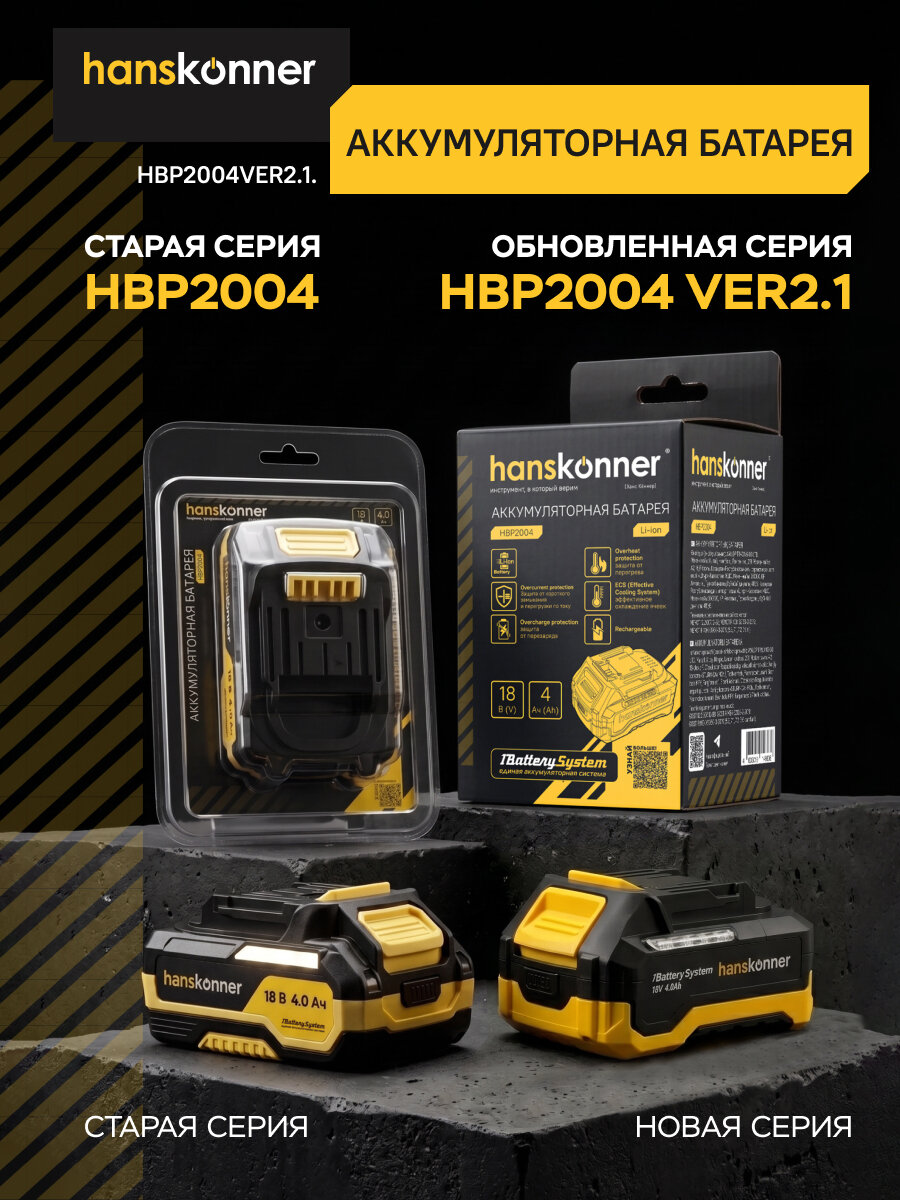 Аккумулятор Hanskonner HBP2004 18 В, 1BatterySystem, 4.0 Ач, USB-разъем