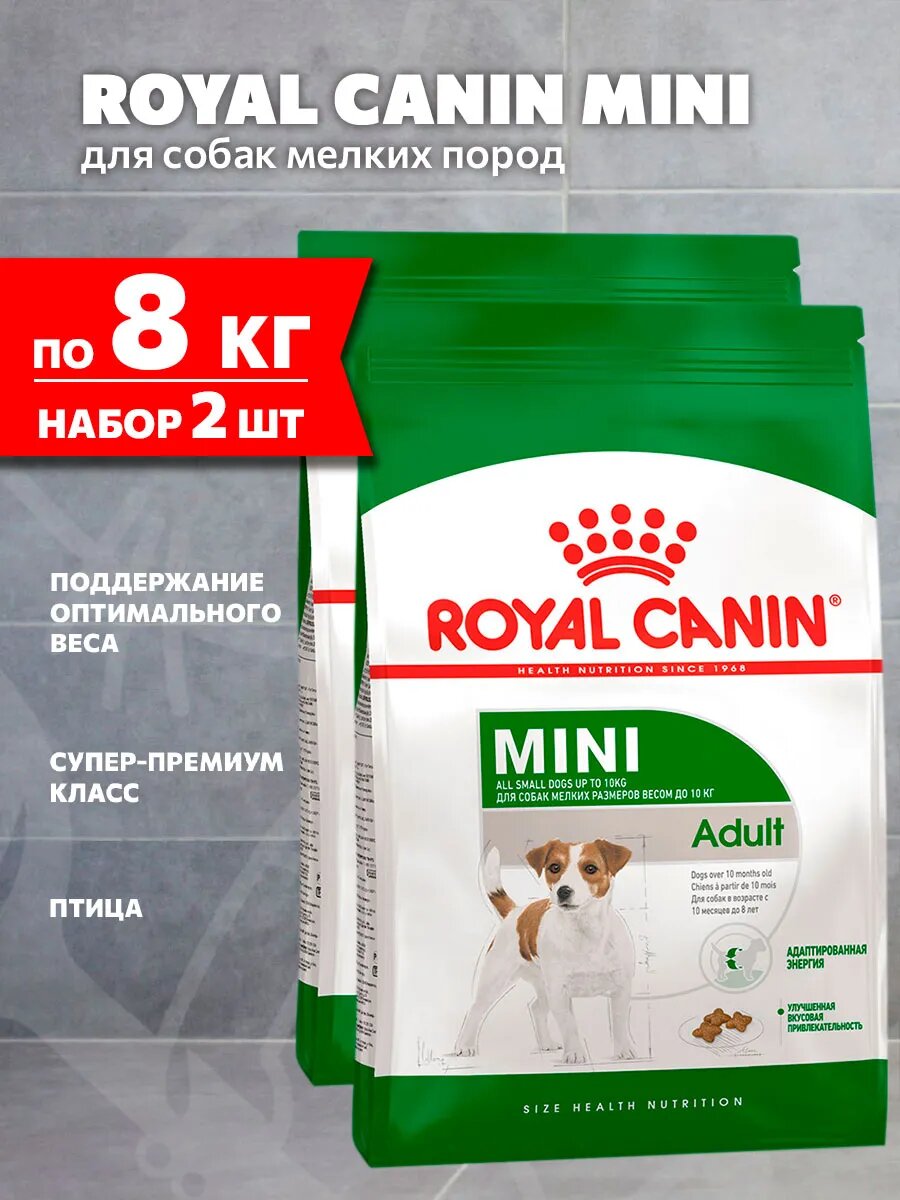 Корм сухой Royal Canin Mini Adult для взрослых собак мелких пород от 10 месяцев, 8 кг х 2 шт