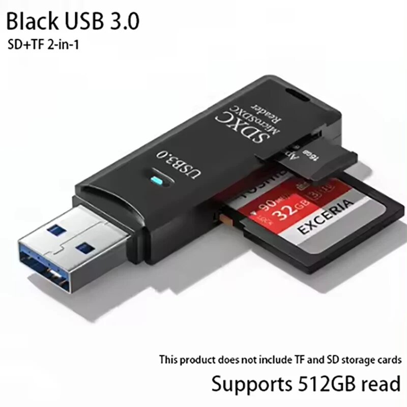 Адаптер USB 3.0 2-в-1 И Высокоскоростной Кардридер Для Micro SD И TF Карт Для ПК И Черный, black