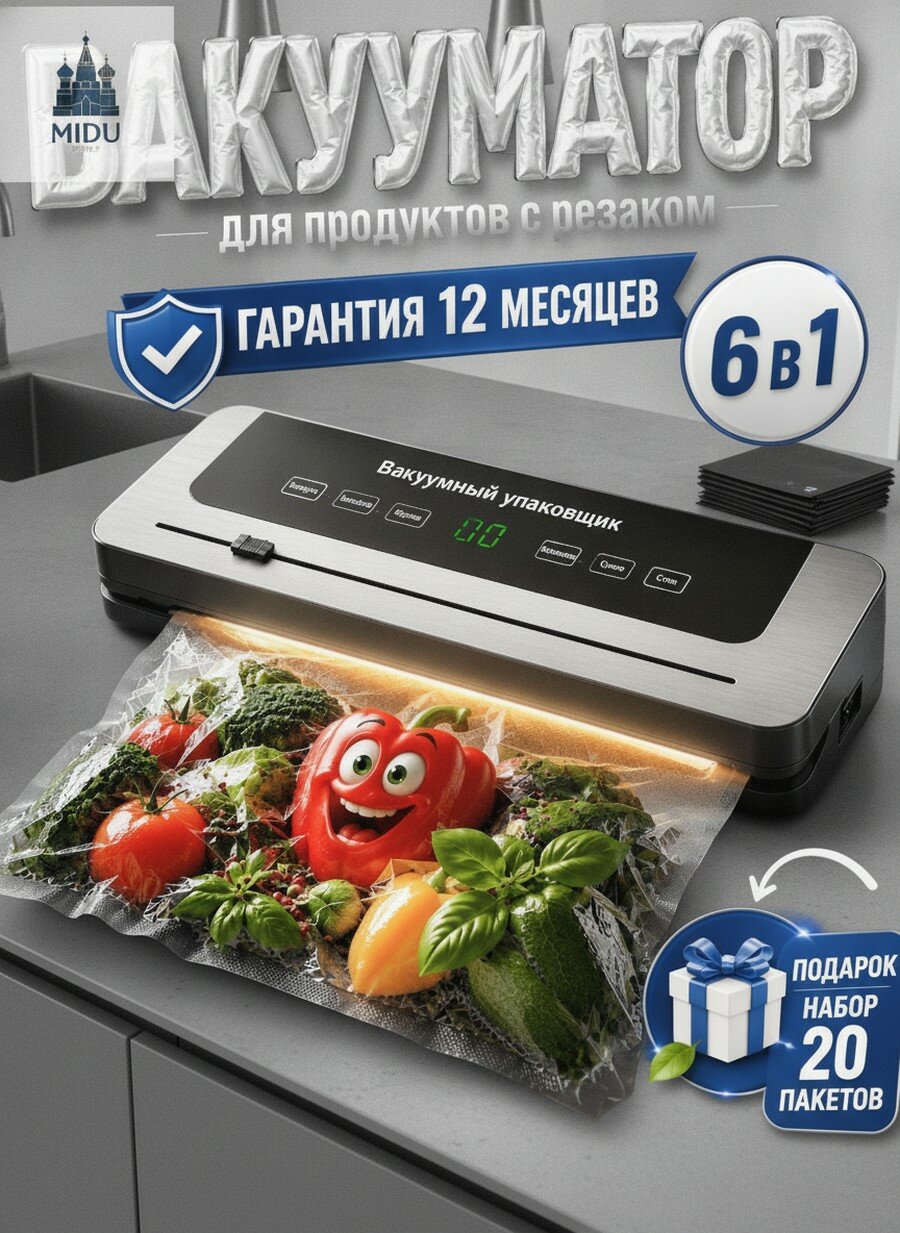 Вакууматор для продуктов с резаком и запайщиком, режимы для сухих и влажных продуктов, в комплекте рифленые пакеты