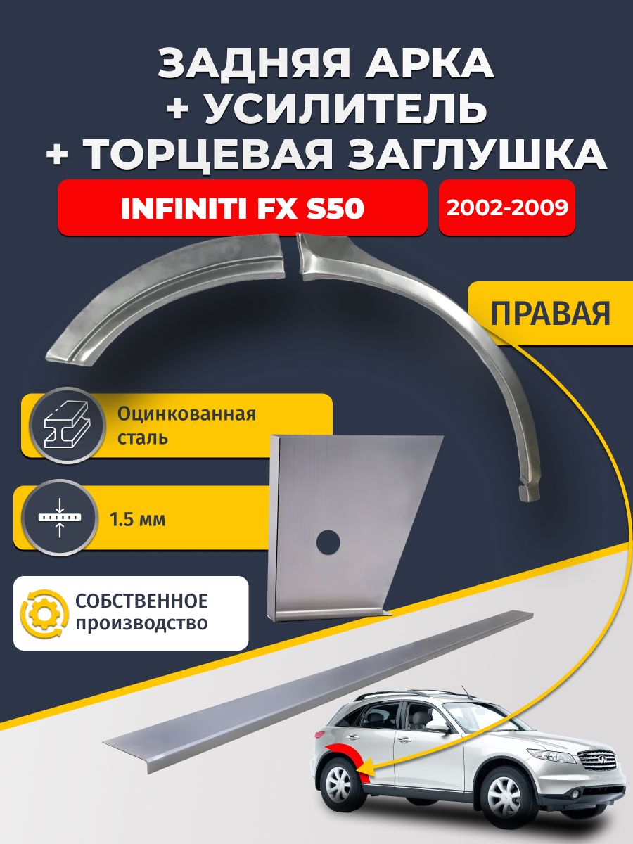 Правая ремонтная задняя арка (0,8 мм) + торцевая заглушка (1,5 мм) + усилитель (1,5 мм) на Infiniti FX S50 2002 - 2009 (Инфинити ФХ35). Оцинкованная сталь