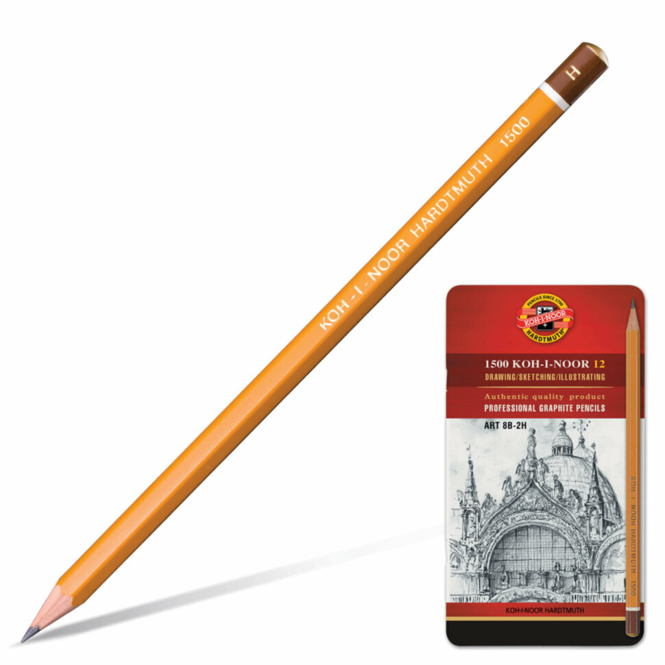 Карандаши чернографитные KOH-I-NOOR, набор 12 шт, "Art", 8В-2H, без резинки, металлическая коробка, 1502012008PL, 180809