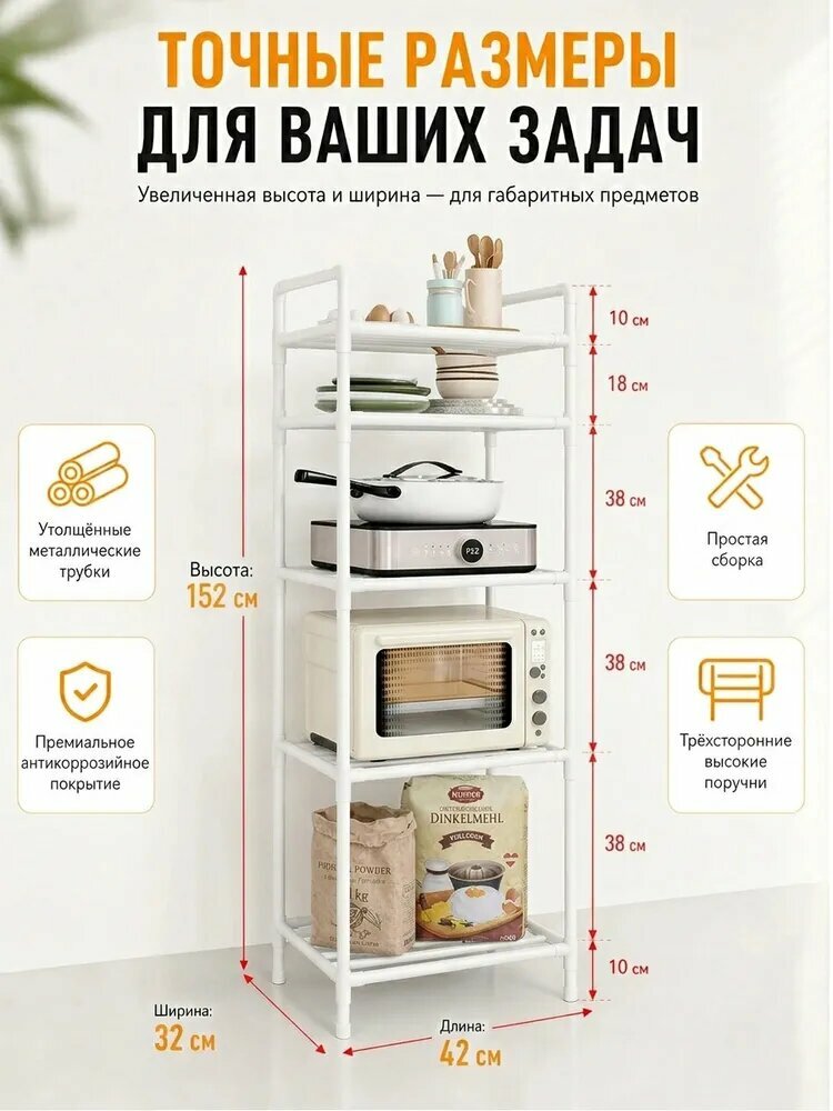 5-слойный кухонный стеллаж/стеллаж для хранения бытовой техники, 42x32x152 см, белое