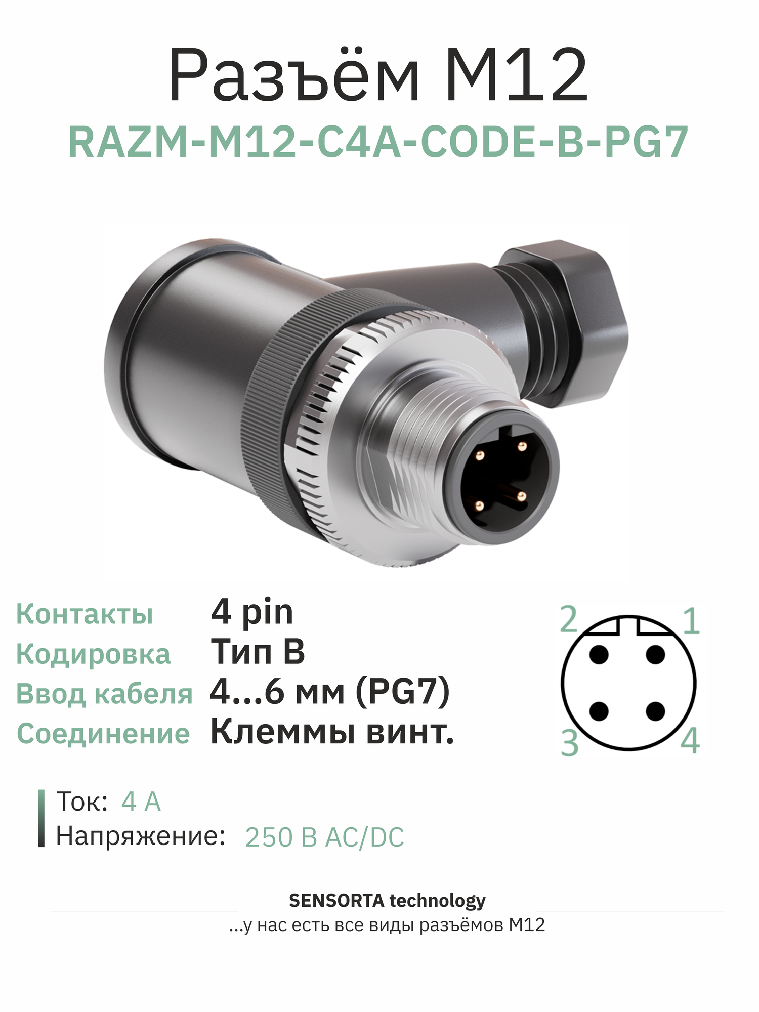 RAZM-M12-C4A-CODE-B-PG7 разъём М12 B-coding 4 pin угловой / вилка (папа) / PG7 (4-6 мм диаметр под кабель)