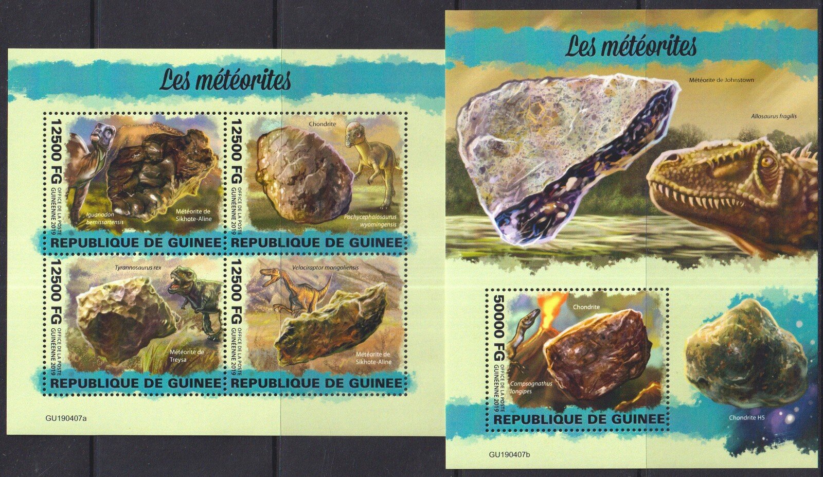 Марки 2019 год Гвинея Динозавры Метеориты Космос Фауна #13996-99+Bl3160 Mnh