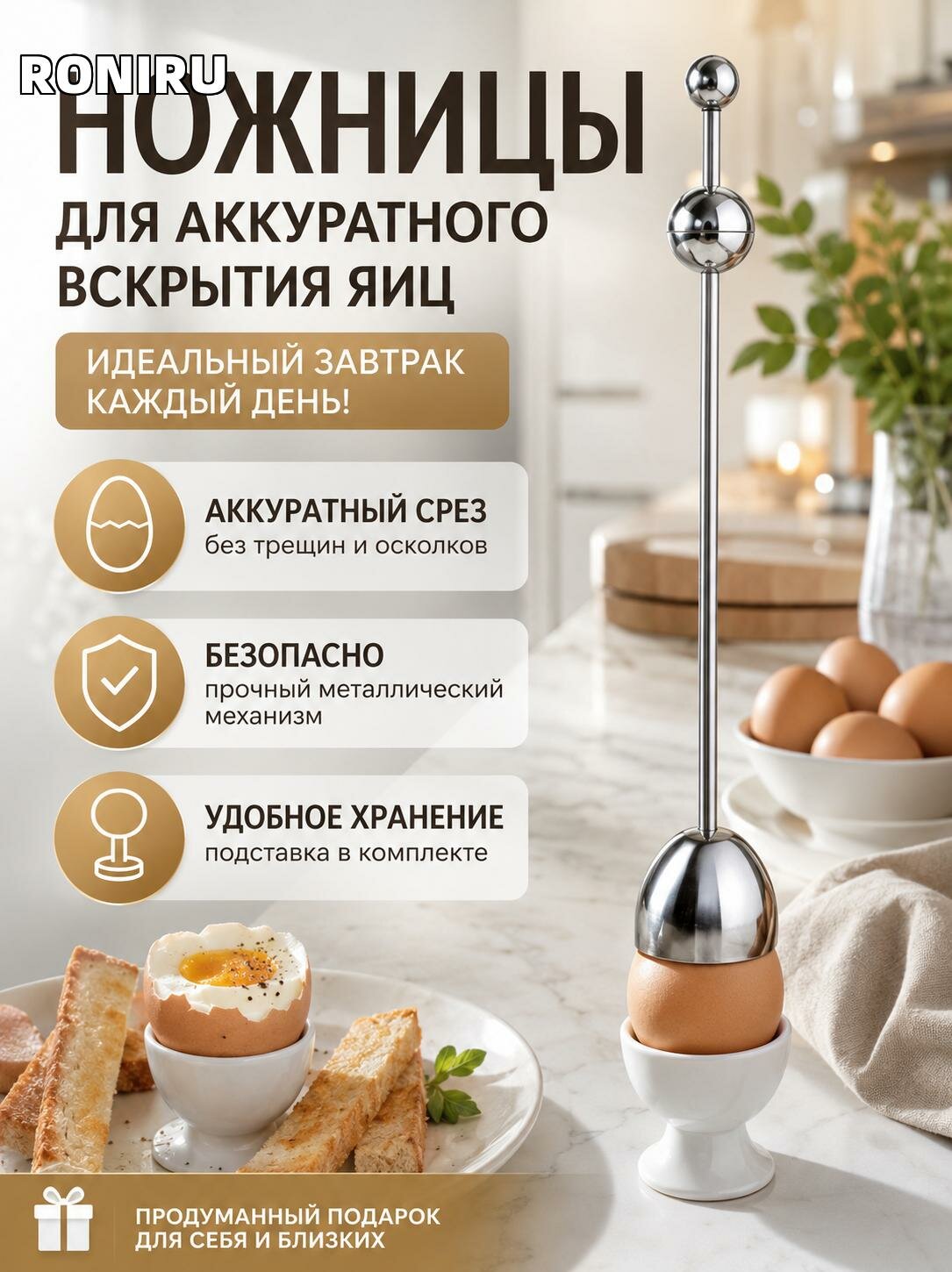 Ножницы для аккуратного вскрытия яиц с металлическим шаром и подставкой — кухонный гаджет для идеального завтрака