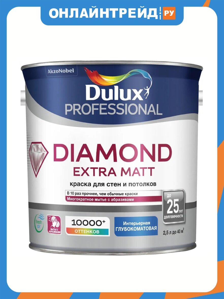 Краска для стен и потолков водно-дисперсионная Dulux Diamond Matt матовая база BW 2,5 л.