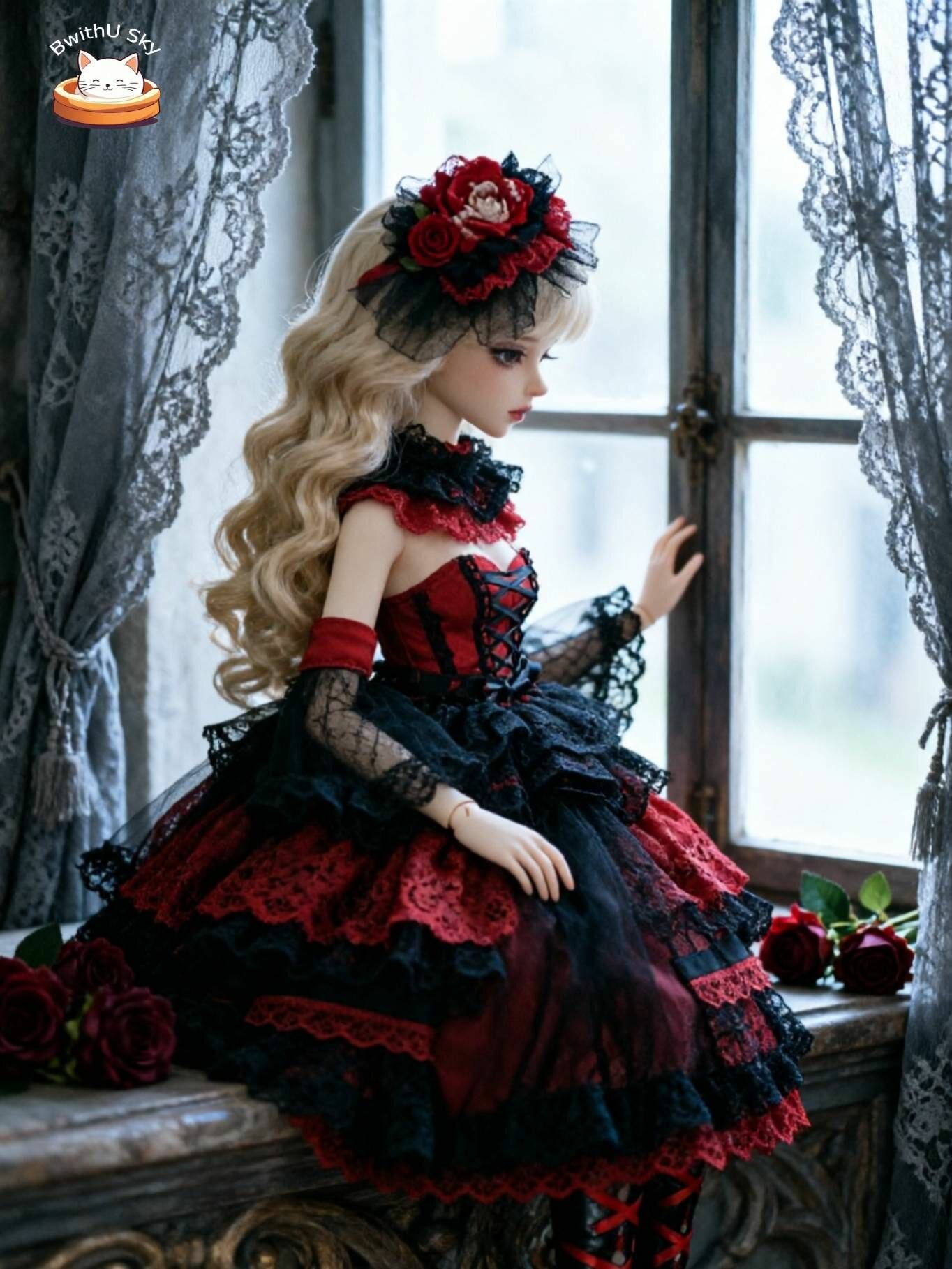 BwithUSky Yaxi 1/4 BJD Кукла: Готический комплект платья в красно-чёрной гамме с корсетом, слоями кружева, цветочным головным убором и ботинками