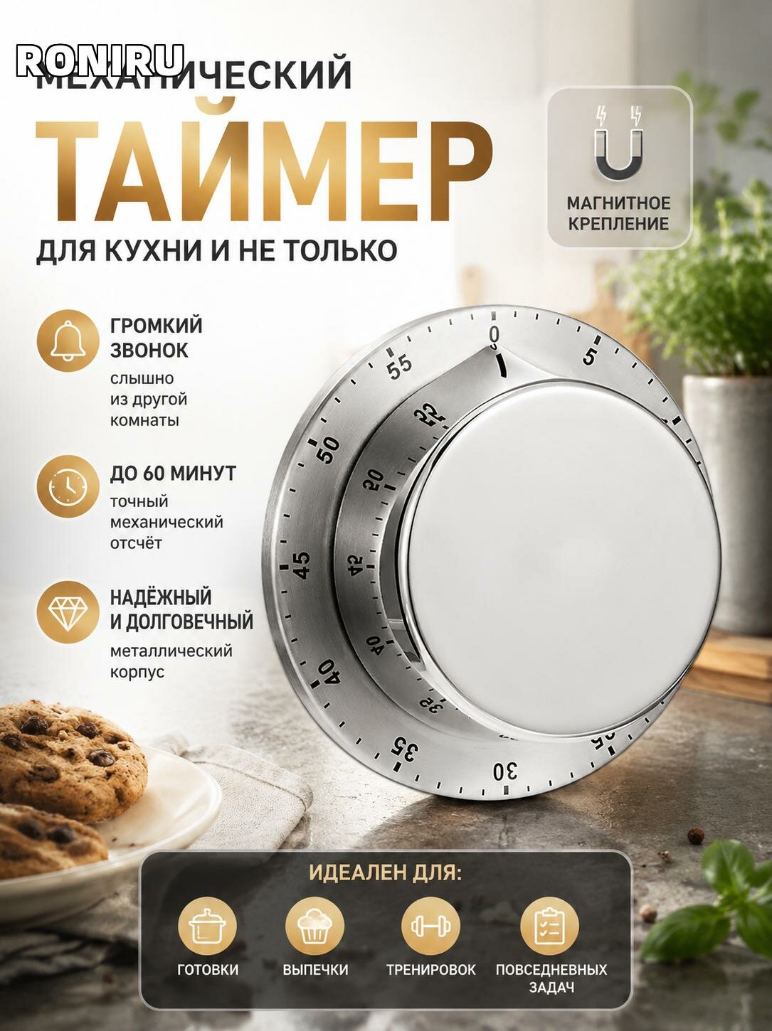 Механический кухонный таймер с магнитом и громким будильником для готовки, выпечки, тренировок и повседневных задач