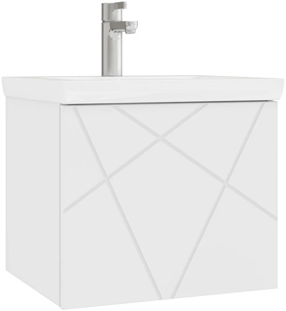 Тумба с раковиной Vigo Geometry 50 подвесная, 50 см, белая, глянцевая, с ящиками, раковина для ванной, фарфоровая, прямоугольная, встроенный слив-перелив