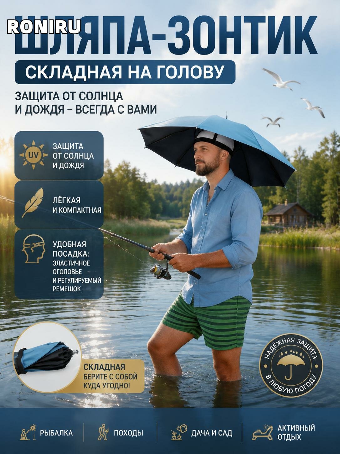 Шляпа-зонтик складная на голову, портативная кепка с эластичным оголовьем и регулируемым ремешком для защиты от дождя и солнца