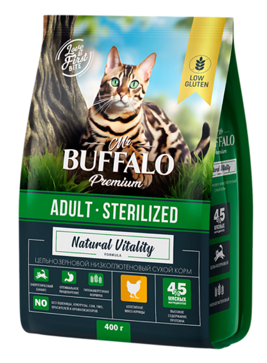 Корм для кошек сухой Mr.Buffalo / Мр. Буффало Sterilised для взрослых стерилизованных животных, гранулы с курицей, пакет 400г / зоотовары