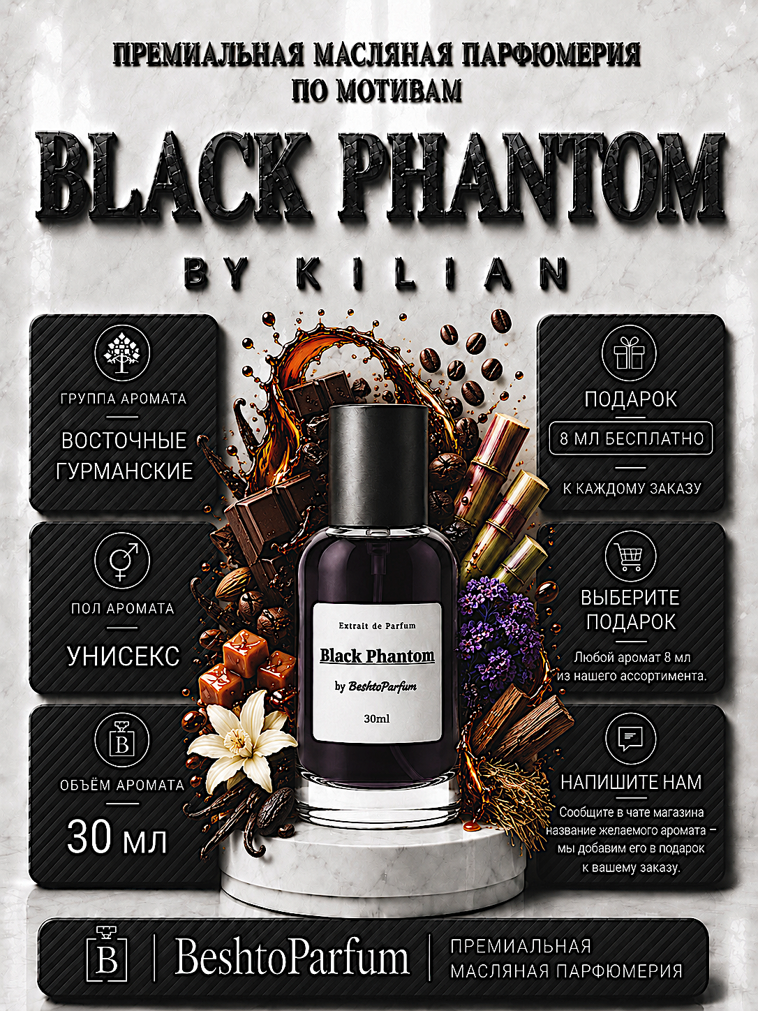 Масляные духи по мотивам Kilian Black Phantom — стойкий сладкий гурманский кофейный аромат унисекс / 30мл
