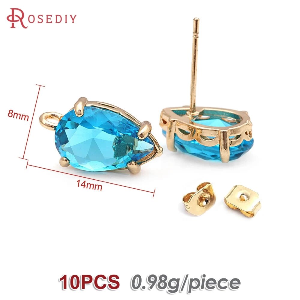 Серьги-гвоздики Rosediy из латуни и стекла цвета 18К золото 52716-Lake Blue