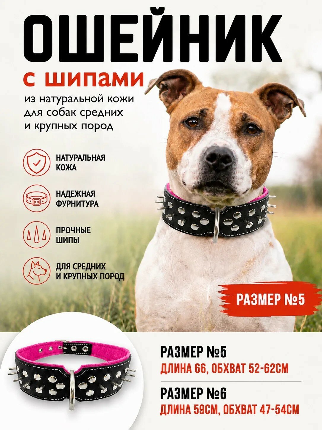 Ошейник Фигурный №5 с шипами кольцо по центру из натуральной кожи