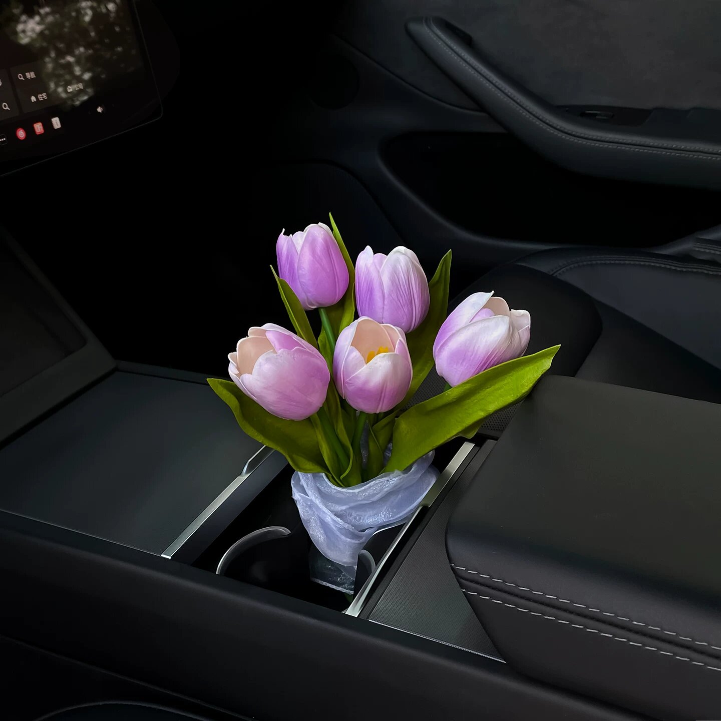 5-стебельная розовая тюльпановая композиция для центральной консоли Tesla Model Y/3, стильный автомобильный декор,