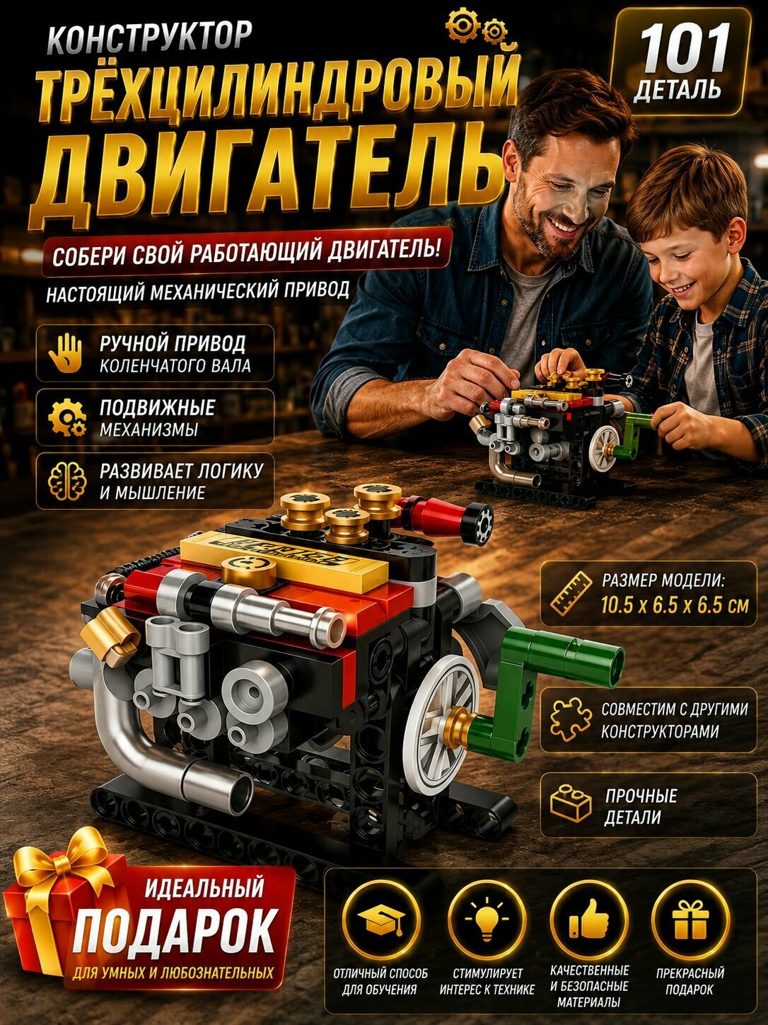 Конструктор Двигатель (101деталей), игрушечный автомобильный двигатель, конструктор для мальчика, подарок для любителя механизмов
