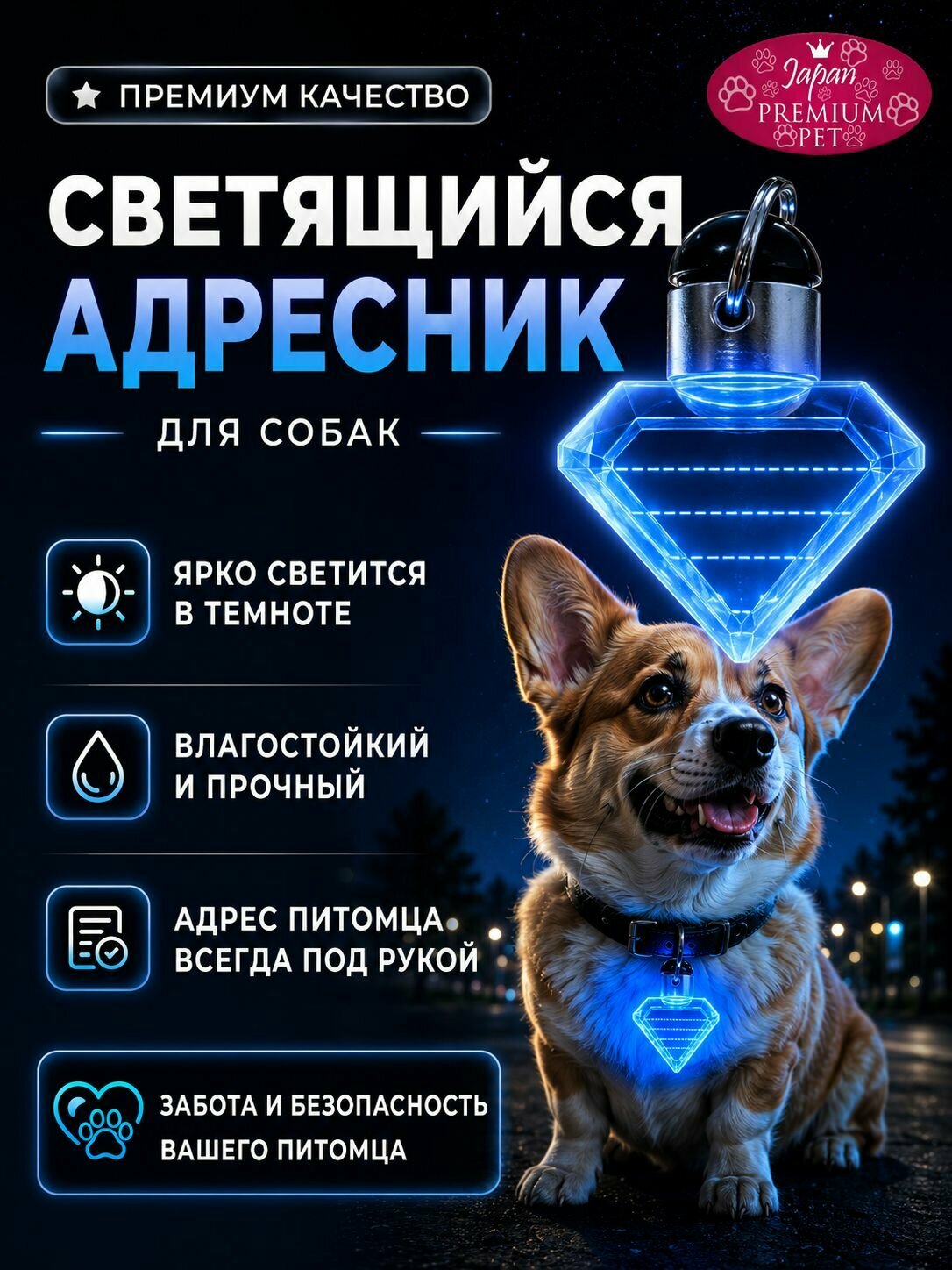 Адресник светящийся Japan Premium Pet для кошек и собак мелких пород