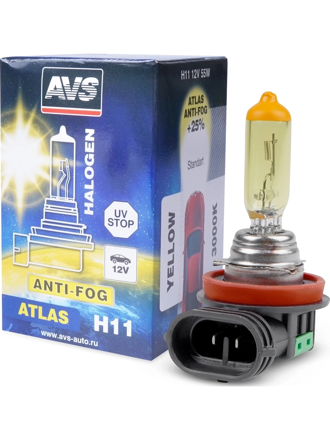 Галогенная лампа AVS ATLAS ANTI-FOG H11 1шт. 3000К 12V 55W - специальное интерференционное покрытие, придающее свету желтоватый оттенок, кварцевое стекло