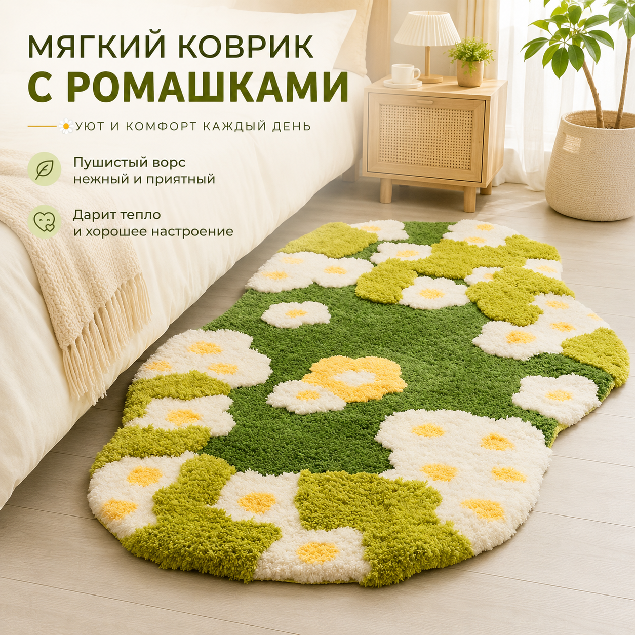 Небольшая прикроватная тумбочка в пасторальном стиле с нескользящими и простыми в уходе ворсистыми ковриками80x150 см