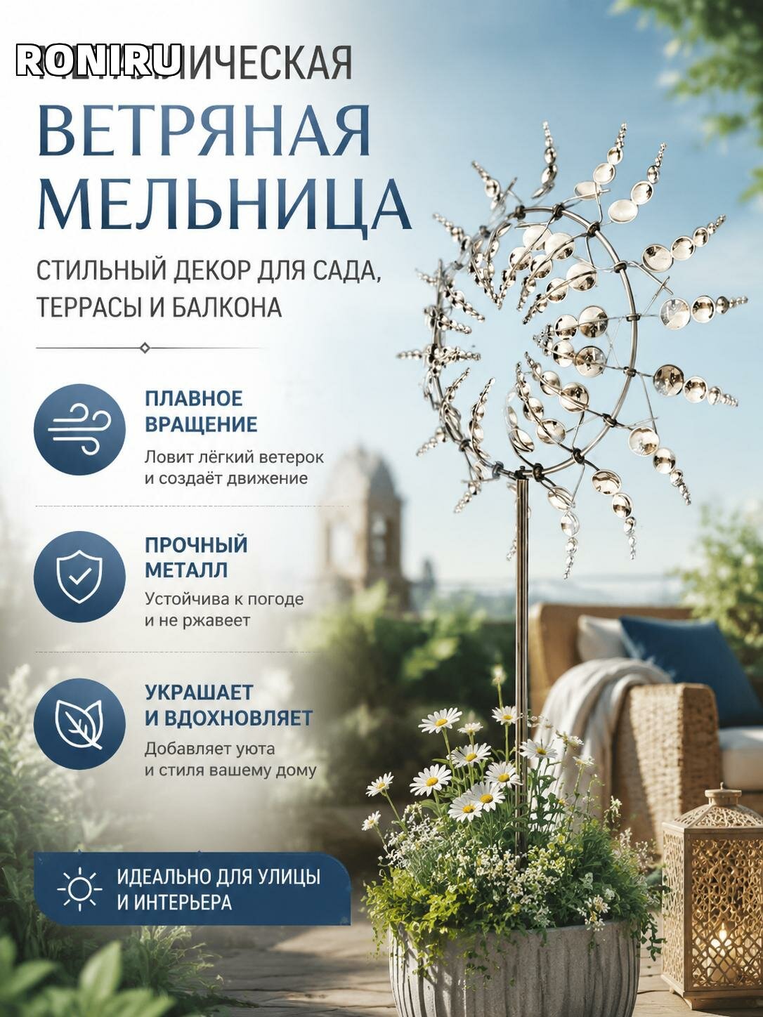 Металлическая ветряная мельница для террасы и сада — стильный садовый декор с плавным вращением для балкона и дома