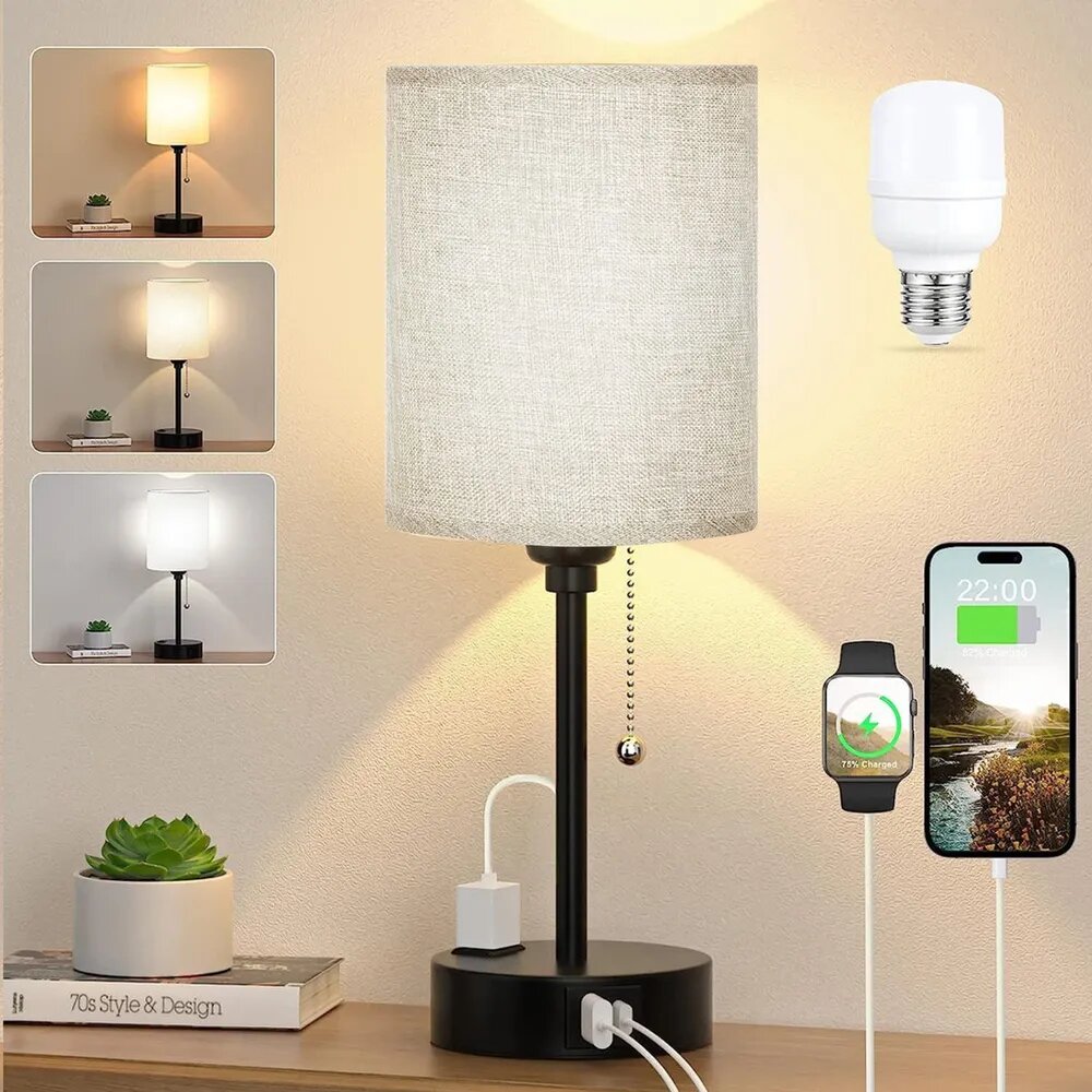 WOUII Светодиодная лампа прикроватная, лампа настольная, с абажуром, порты USB C и A, розетка переменного тока