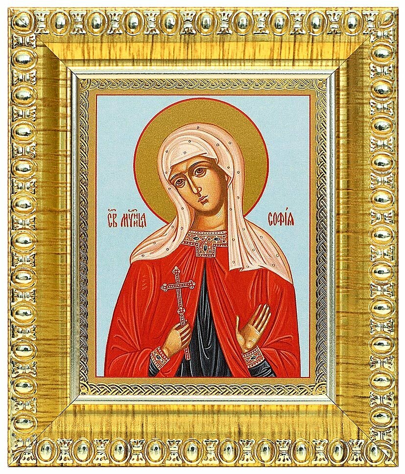 Мученица София Римская, икона в золотой пластиковой рамке 8,5*10 см