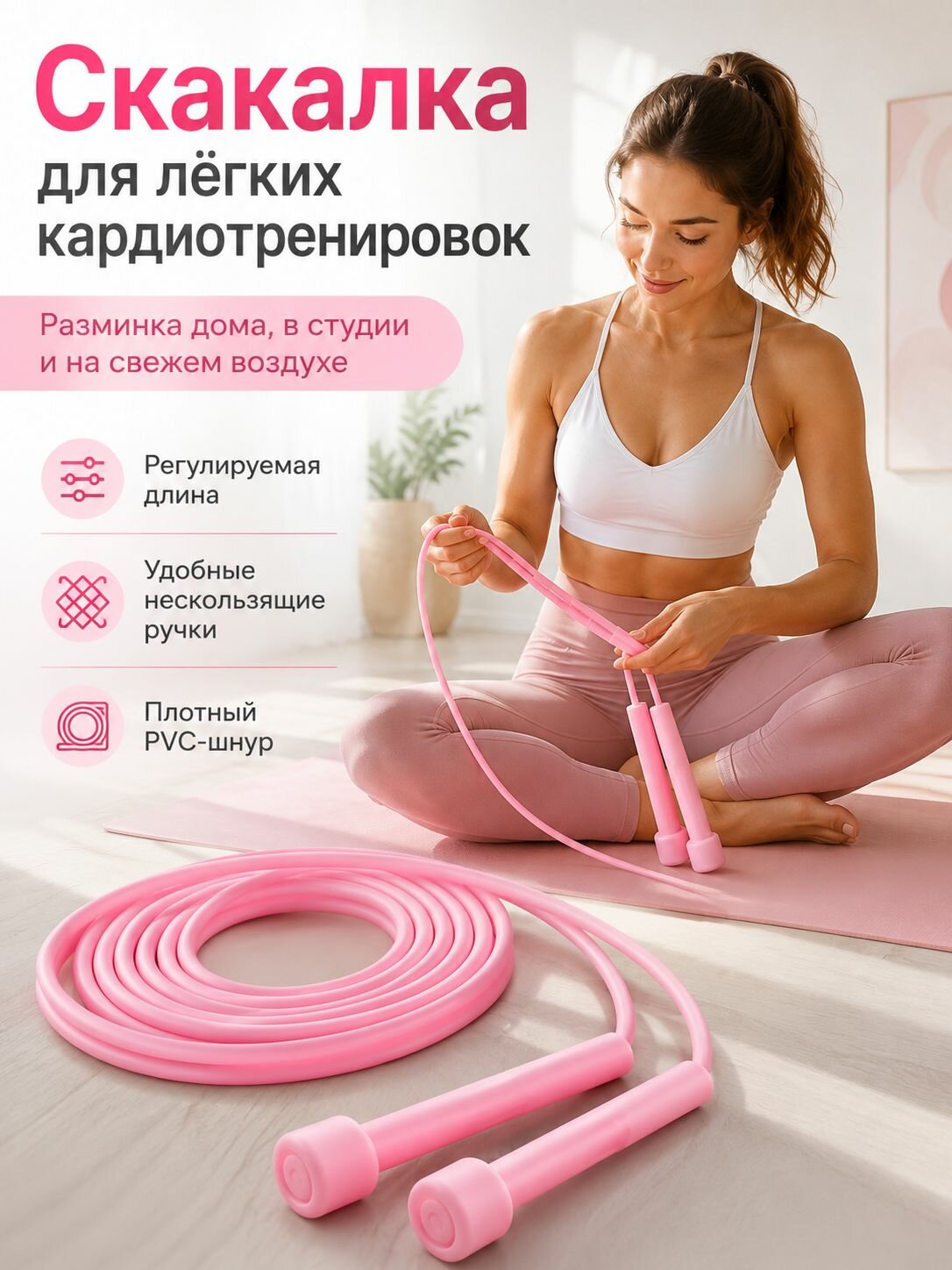 Скакалка для фитнеса регулируемая, скакалка домашняя из ПВХ для кардио тренировок, розовая