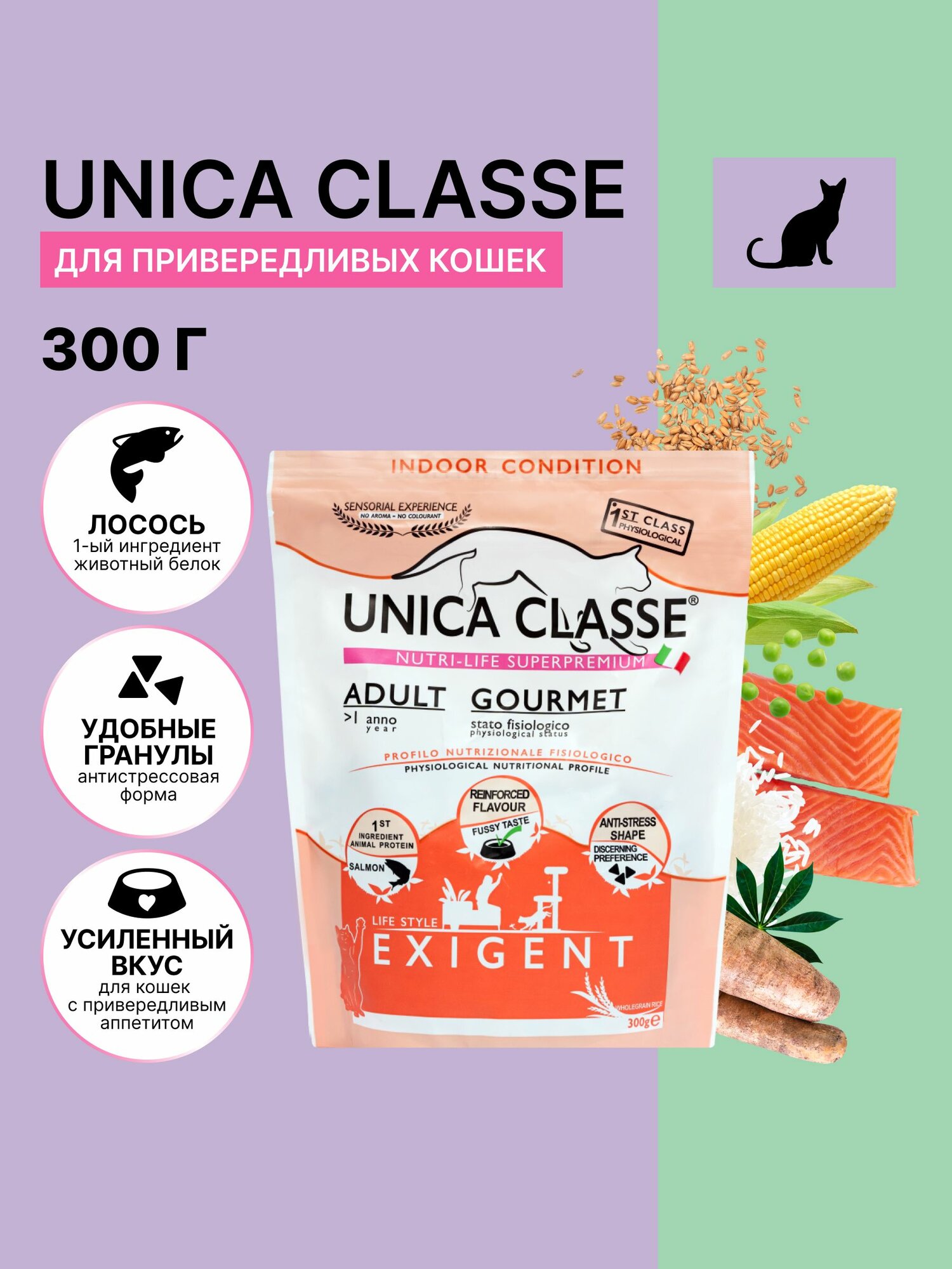 UNICA Adult Gourmet Сухой корм для привередливых взрослых кошек, с лососем, 300 гр.