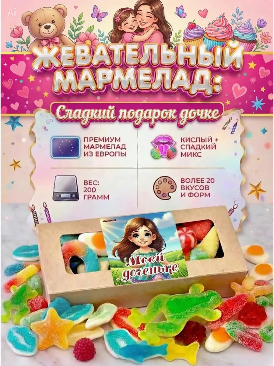 Мармелад жевательный, подарок дочке на день рождения, 200гр
