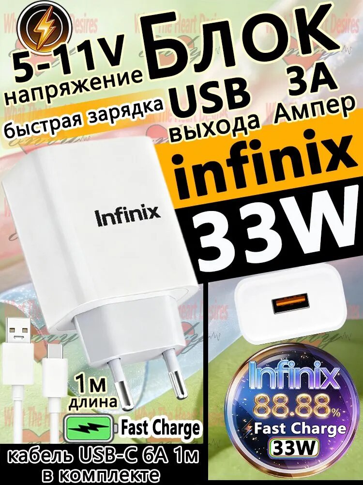 Блок питания для Infinix 33 Вт Fast Charge / Infinix Tecno зарядка для телефона быстрая / c кабелем 6A 1м USB-Type-С