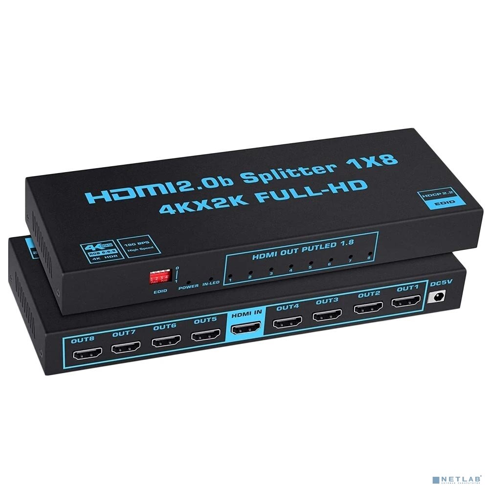 ORIENT HSP0108HL-2.0, HDMI разветвитель 1->8, UHD 4K/60Гц (3840x2160), HDR10, HDMI 2.0b, 18 Гбит/с, HDCP 2.2, EDID управление, внешний БП 5В/3А, метал. корпус (33254)