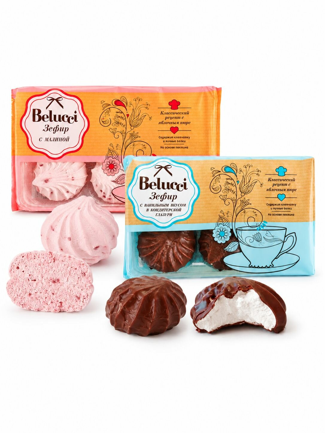 Зефир Belucci с малиной и с ванильным вкусом в кондитерской глазури, 250 г и 160 г