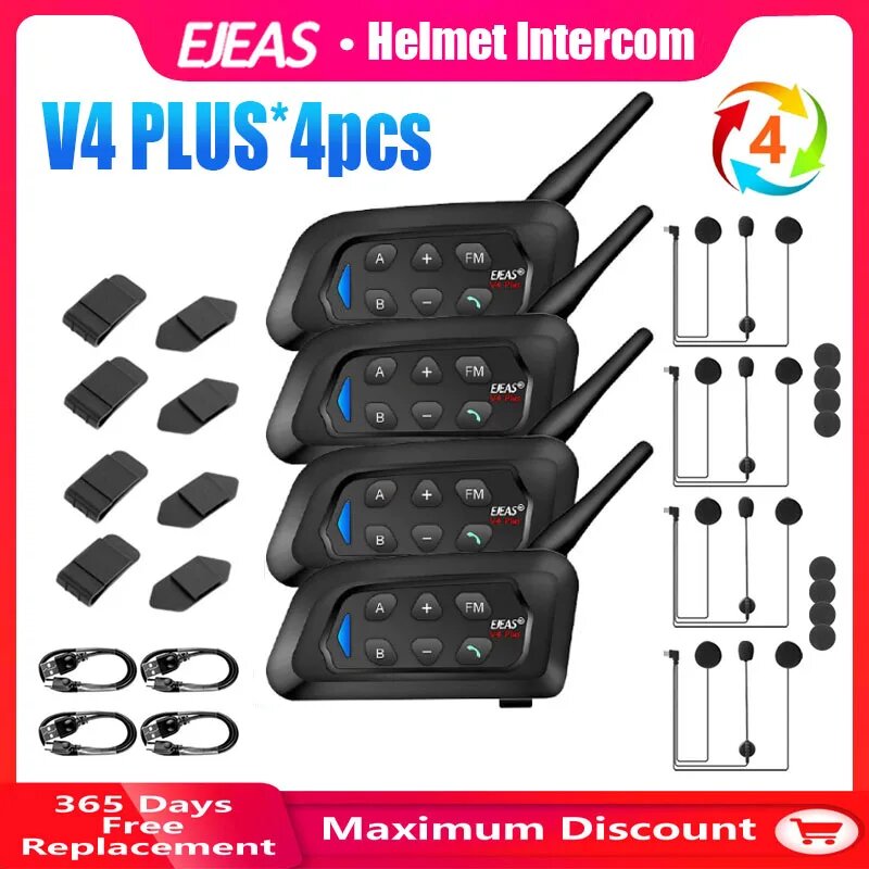 EJEAS 4-Pack V4 Plus Bluetooth-гарнитура Для Мотоциклетных Шлемов, Водонепроницаемая, С FM-радио