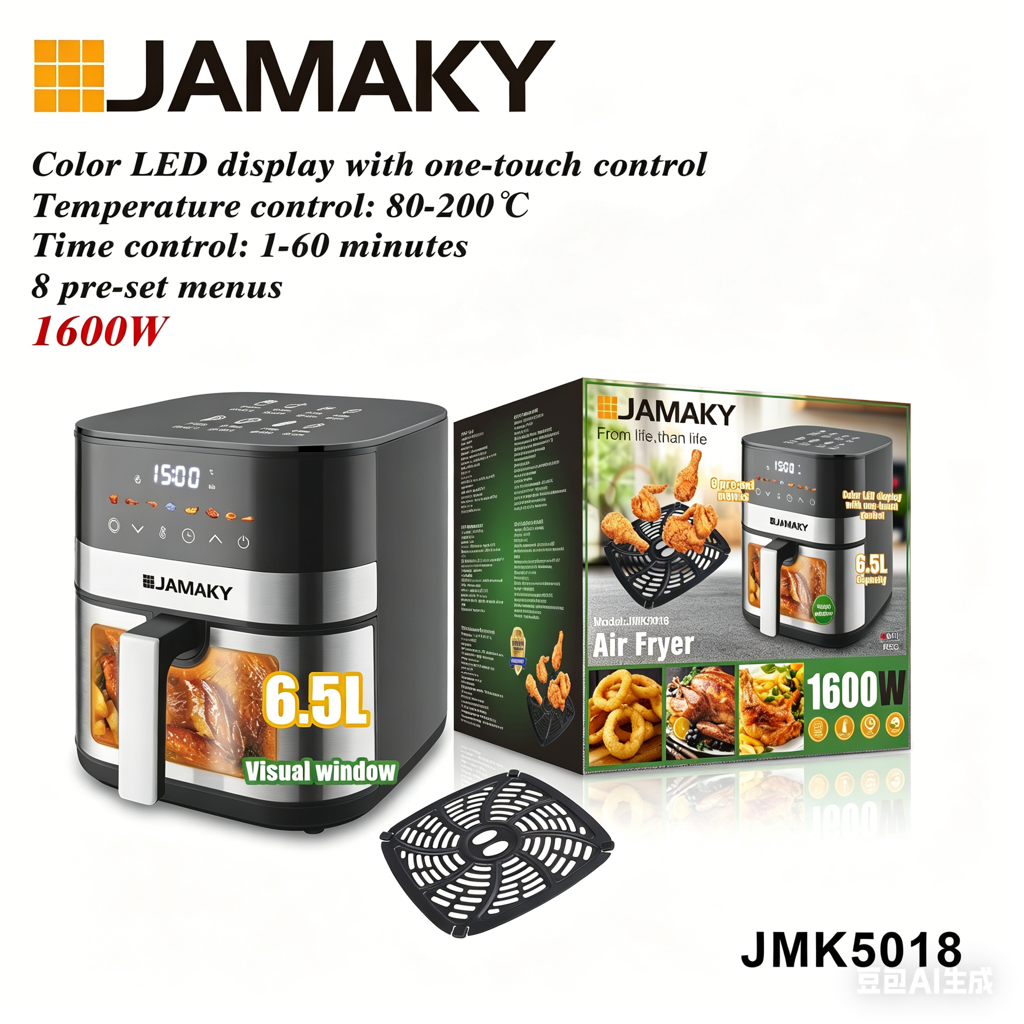 Аэрофритюрница JAMAKY 5 л, видимое окно, многофункциональная безмасляная печь, автоматическая домашняя мультиварка.