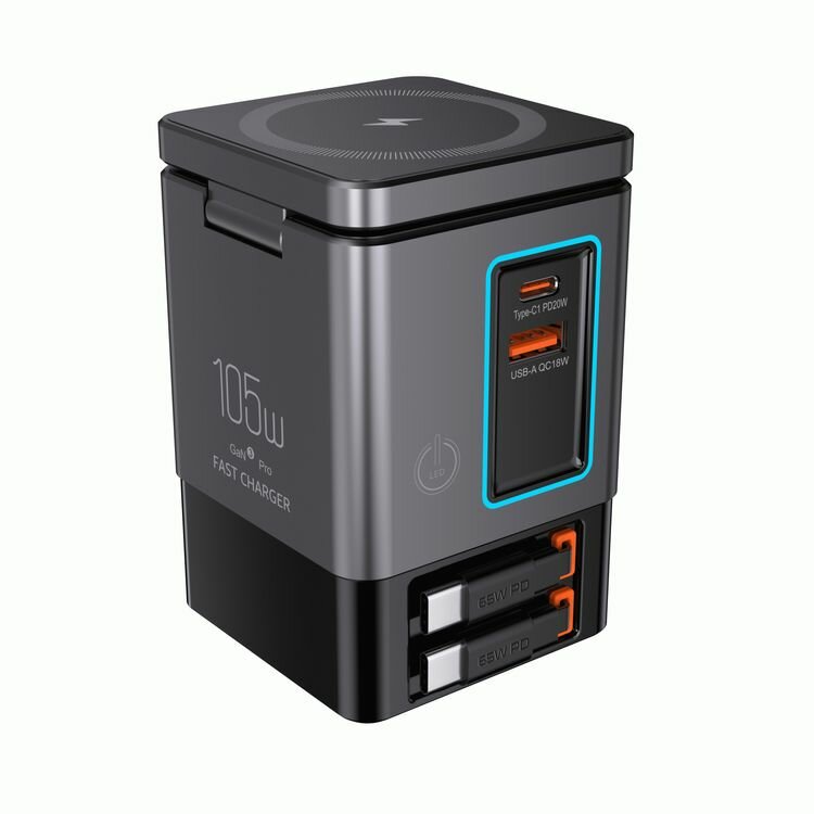 Сетевая беспроводная зарядная станция Flyandtrip с 2 портами (1USB и 1type C) и 2 проводами type C графит
