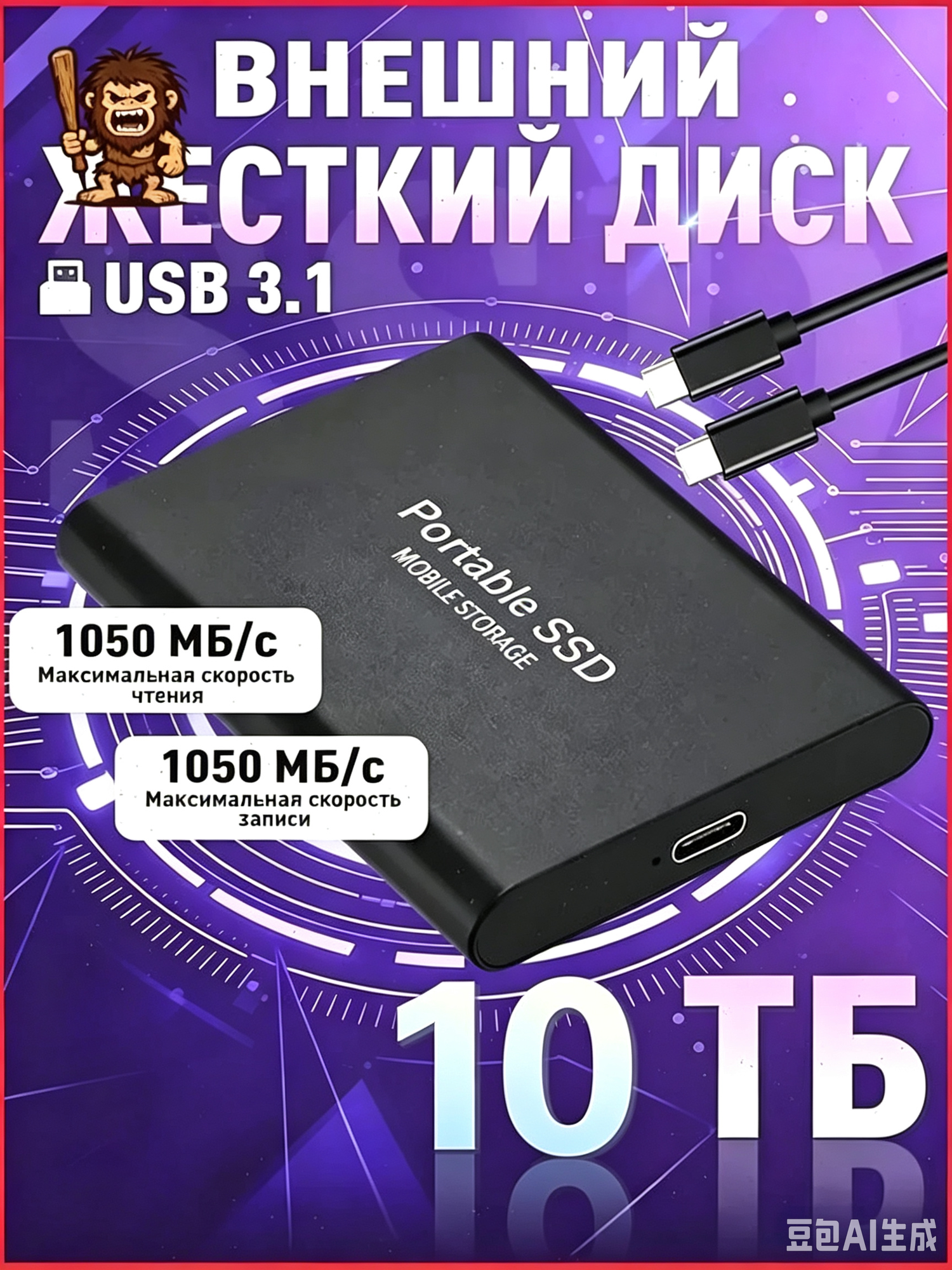 Внешний портативный SSD диск ТБ，Type-C, скорость чтения/записи до 1050 МБ/с, портативный мобильный накопитель 14TB