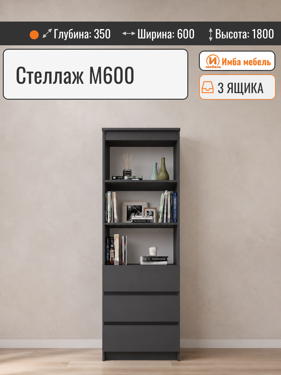 МС Мадера Стеллаж М600 600*1800*350 Графит (для игрушек, книг, напольный, с ящиками, полками)