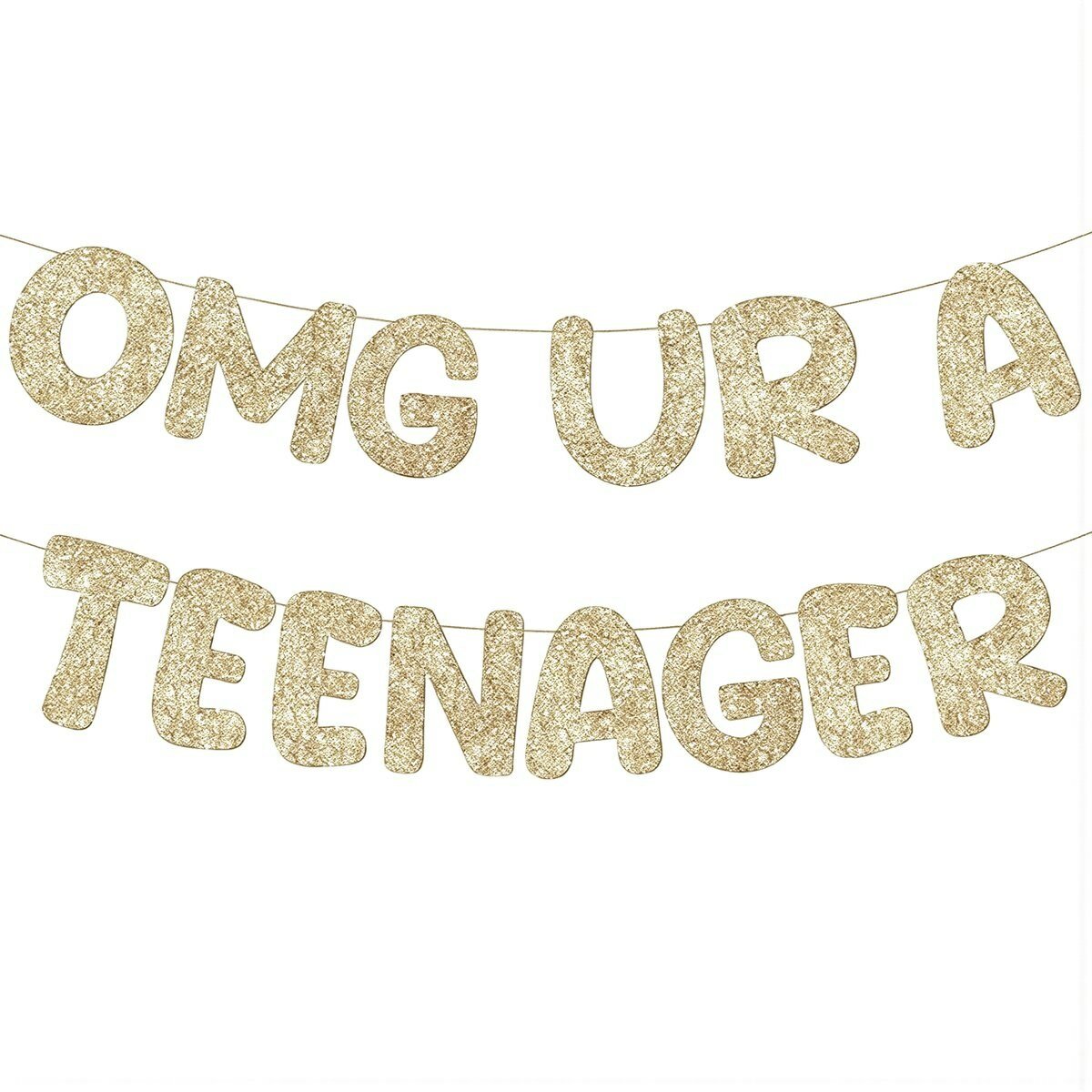 Баннер для праздника дня рождения 13 лет OMG UR A TEENAGER чёрный блёстковый длина 3 метра предварительно собранный для декора дома и фотозоны, шампанское золото