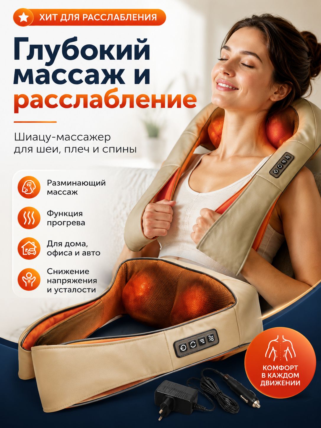 Массажер для шеи и плеч с прогревом, шиацу-массажер для спины