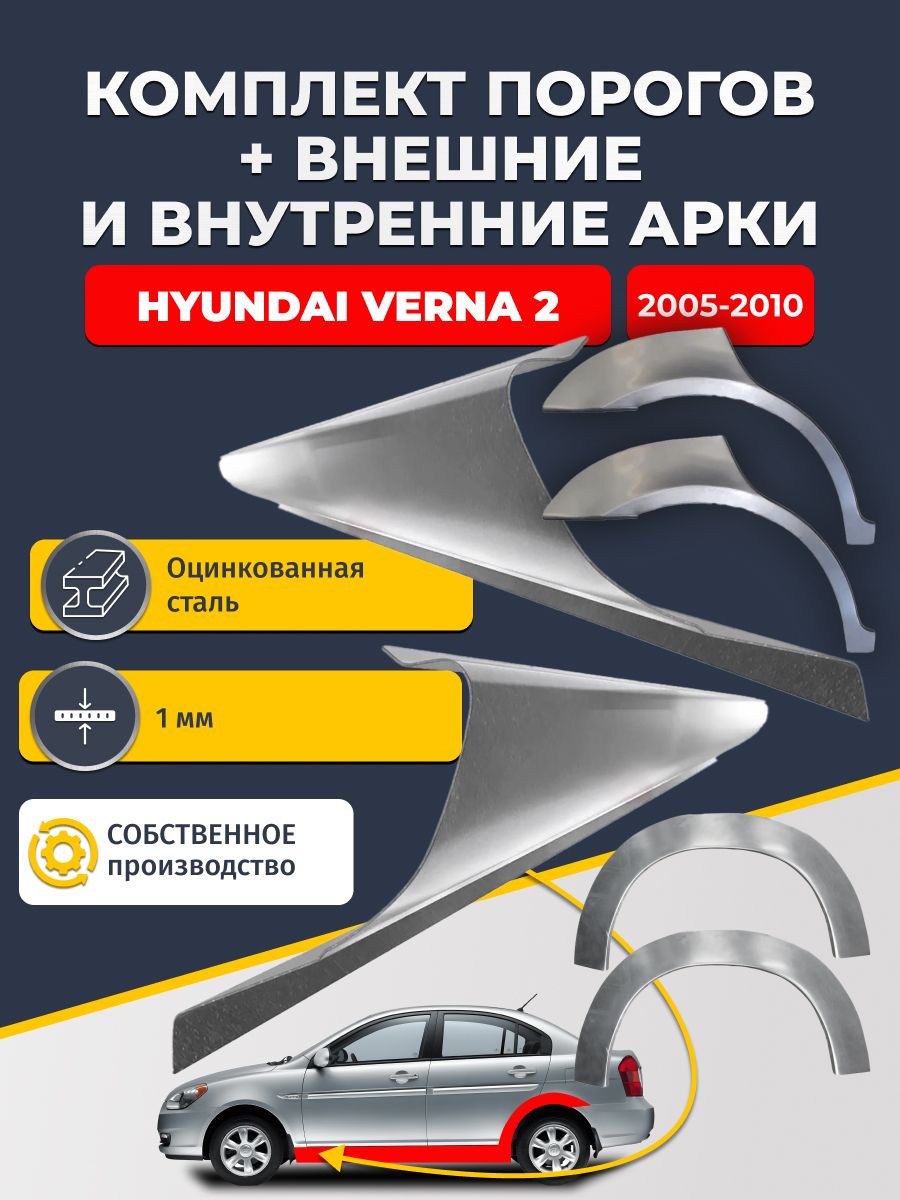 Комплект ремонтных задних внешних и внутренних арок (0,8 мм) + комплект стандартных ремонтных порогов , на Hyundai Verna 2 2005-2010 седан (Хендай Верна 2) Оцинкованная сталь 1 мм
