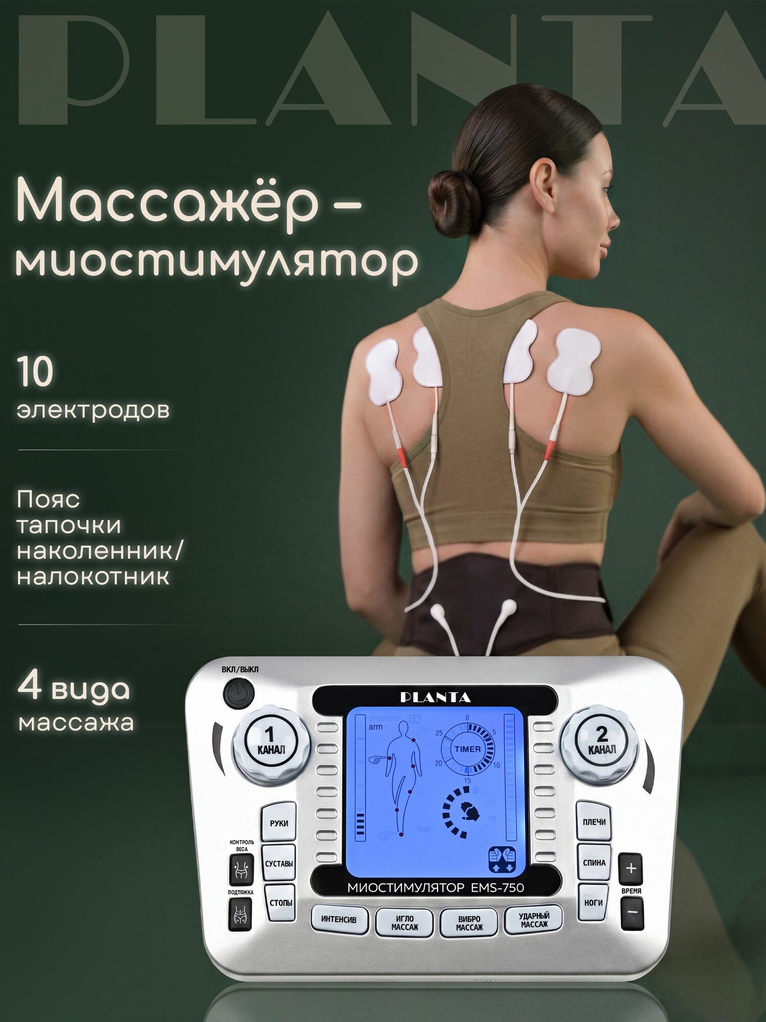 Массажер - миостимулятор PLANTA EMS-750, 8 электродов, пояс